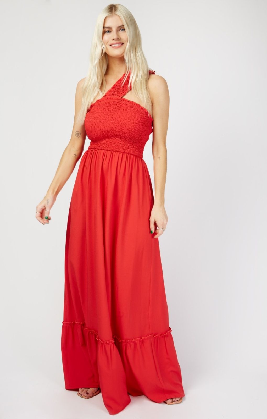 Rent Little Mistress By Vogue Williams Red Shirred One Shoulder Maxi Rent Little Mistress By Vogue Williams Red Shirred One Shoulder Maxi