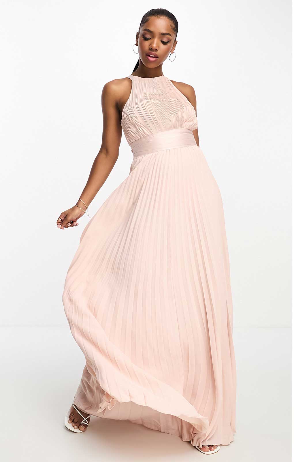 Rent Asos Design Pleated Pinny Maxi Dress With Satin Wrap Waist In Pink ...
