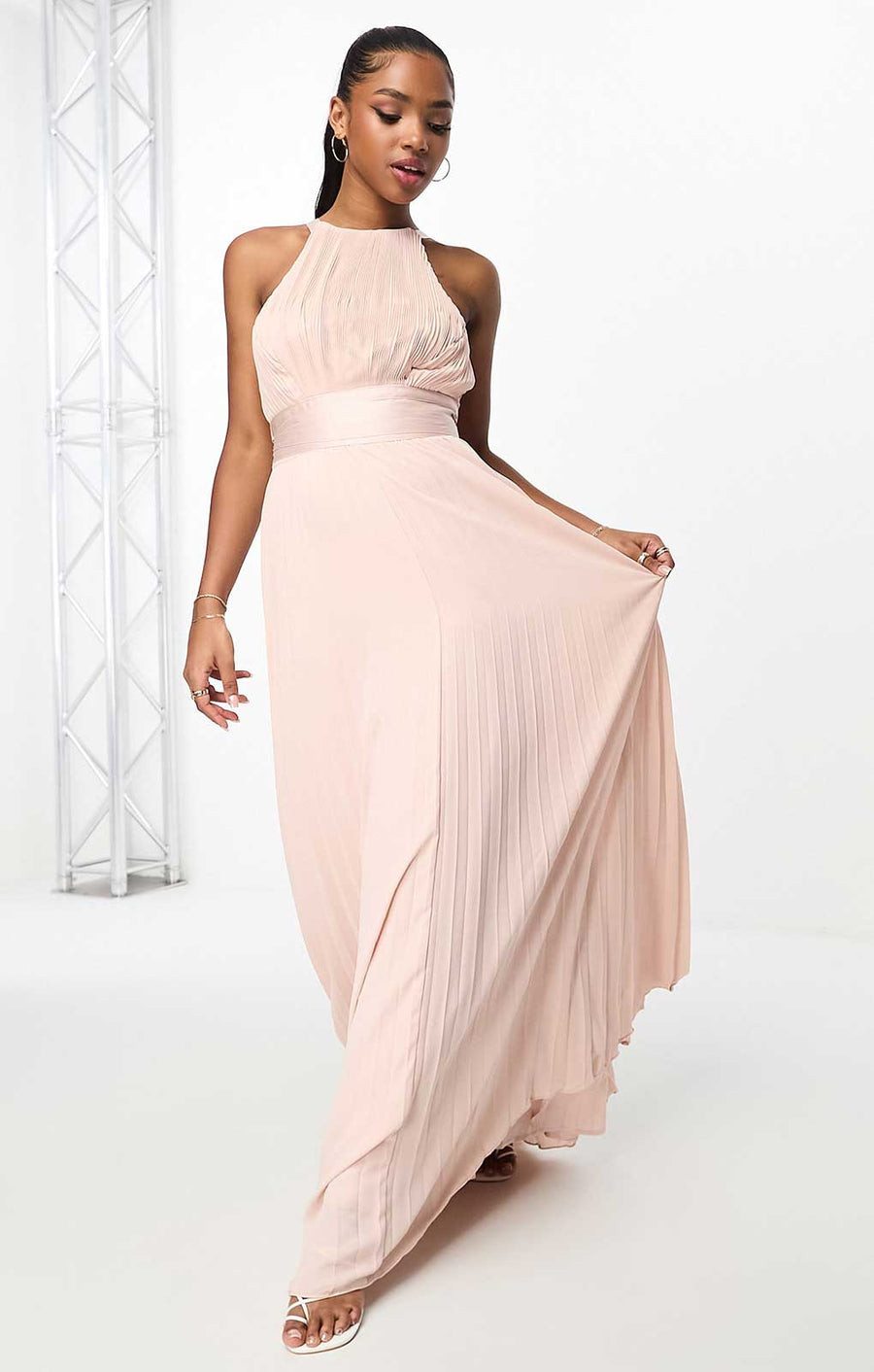Rent Asos Design Pleated Pinny Maxi Dress With Satin Wrap Waist In Pink ...