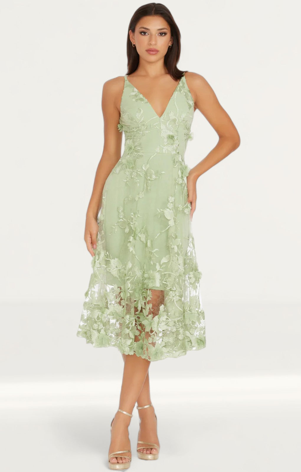 Rent Dress The Population Audrey Floral Effect Sage Midi Dress | Hirestreet