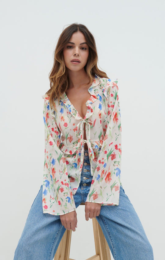 Rent Pretty Lavish Tomlin V Neck Dainty Floral Ruffle Tie Blouse ...