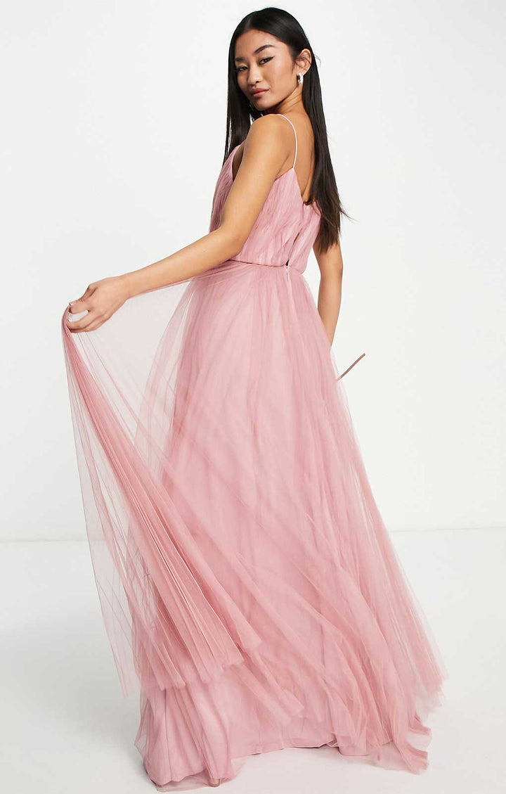 Rent Asos Design Cami Pleated Tulle Maxi Dress In Rose Pink | Hirestreet