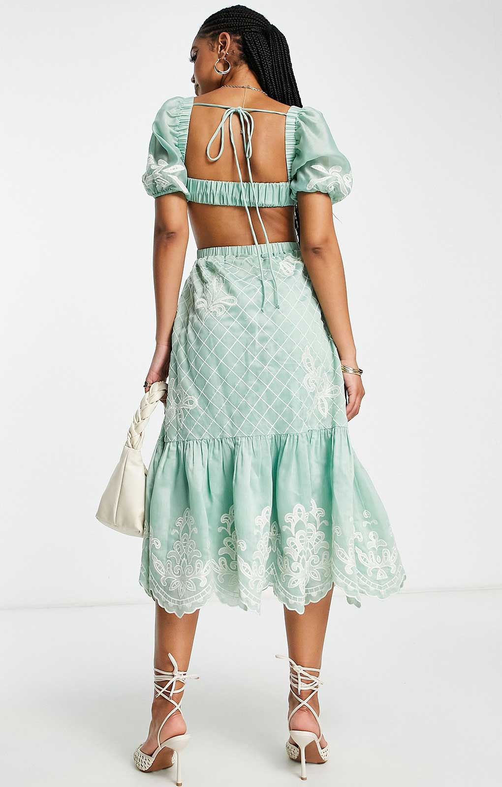 Rent Asos Design Soft Midi Dress With Embrodiery Detail In Sage ...