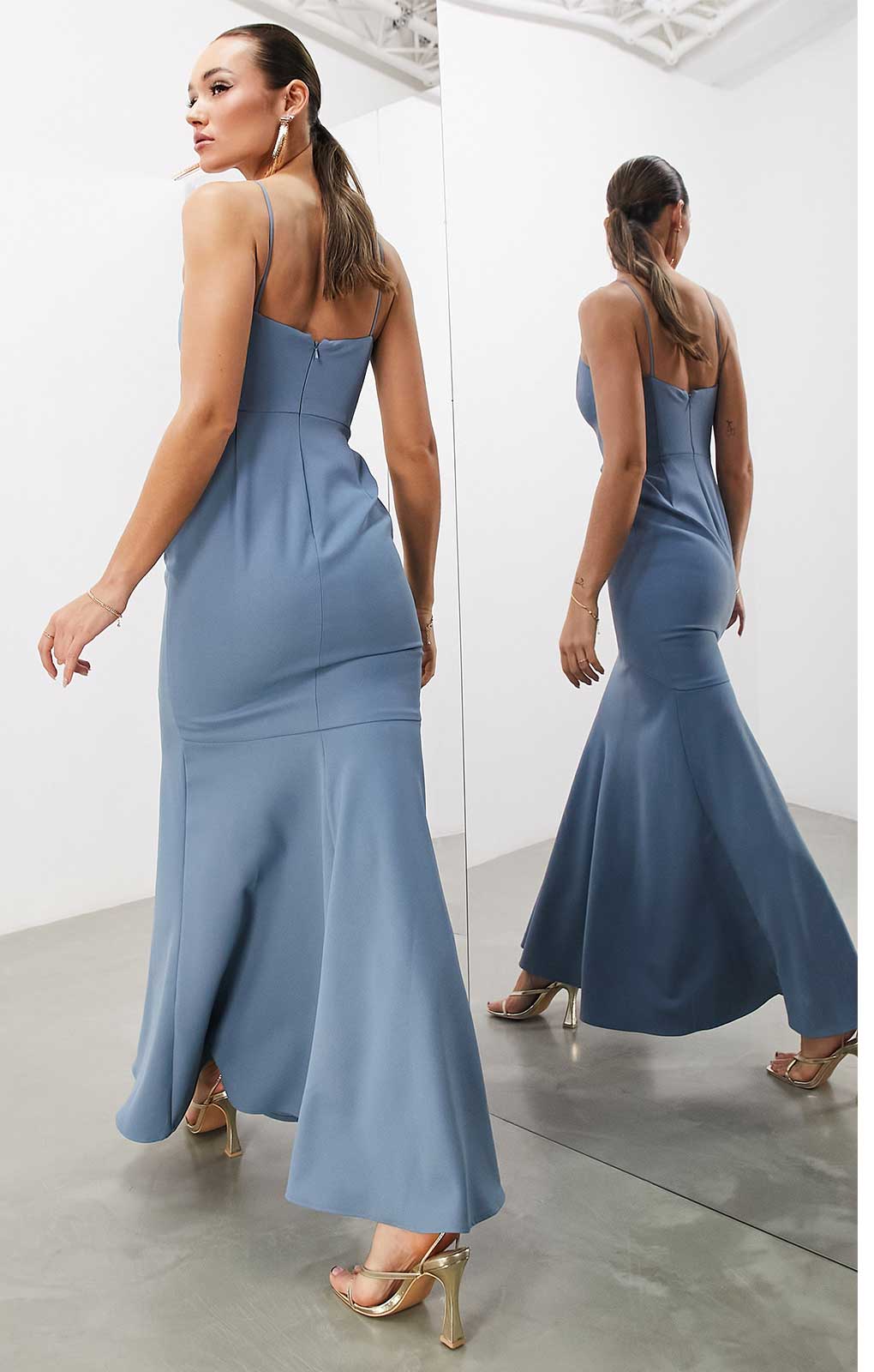Rent Asos Edition Crepe Strappy Fishtail Maxi Dress In Dusky Blue ...