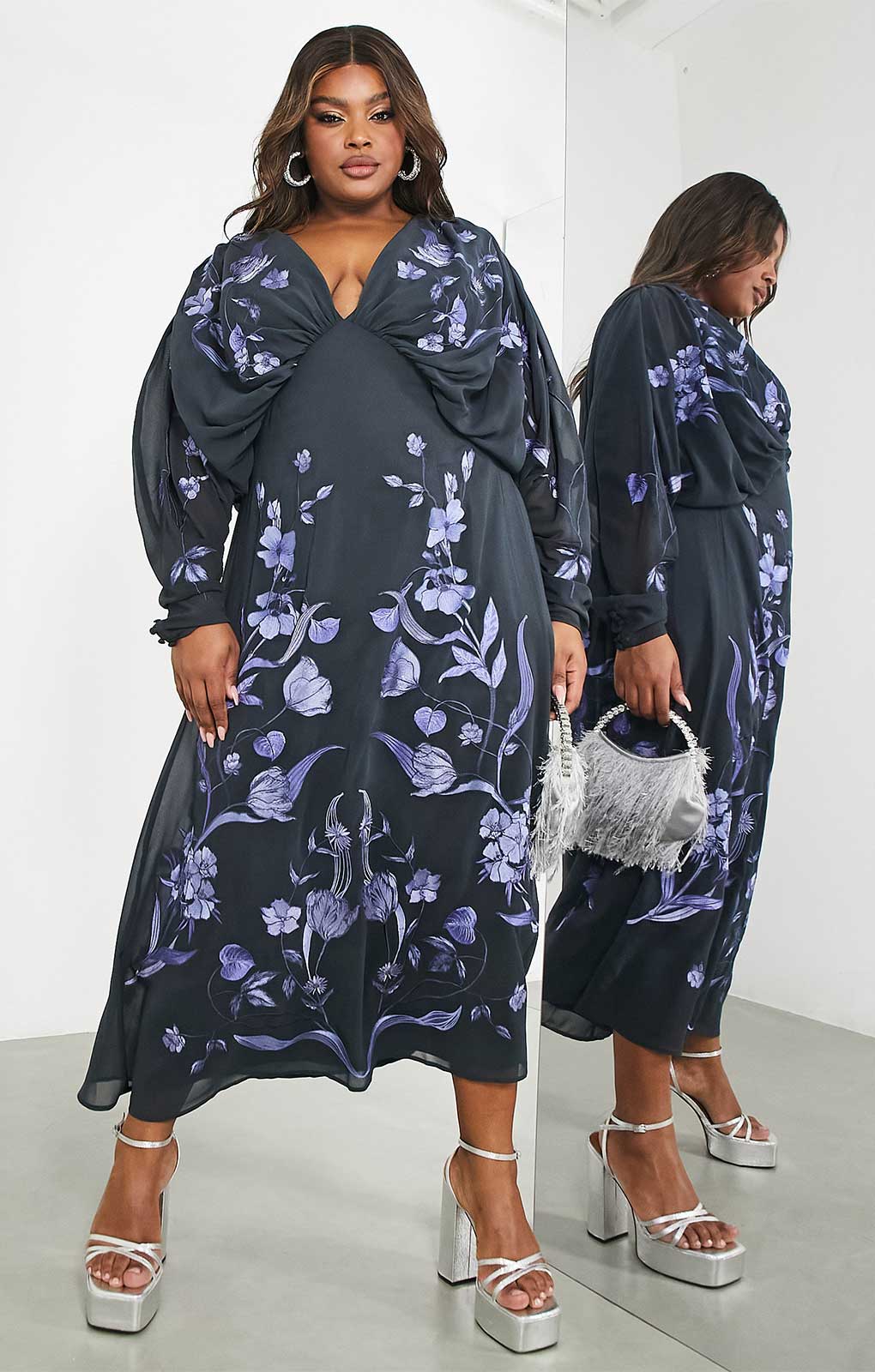 Rent Asos Edition Curve Batwing Chiffon Midi Dress With Floral Embroidery In Petrol Blue ...