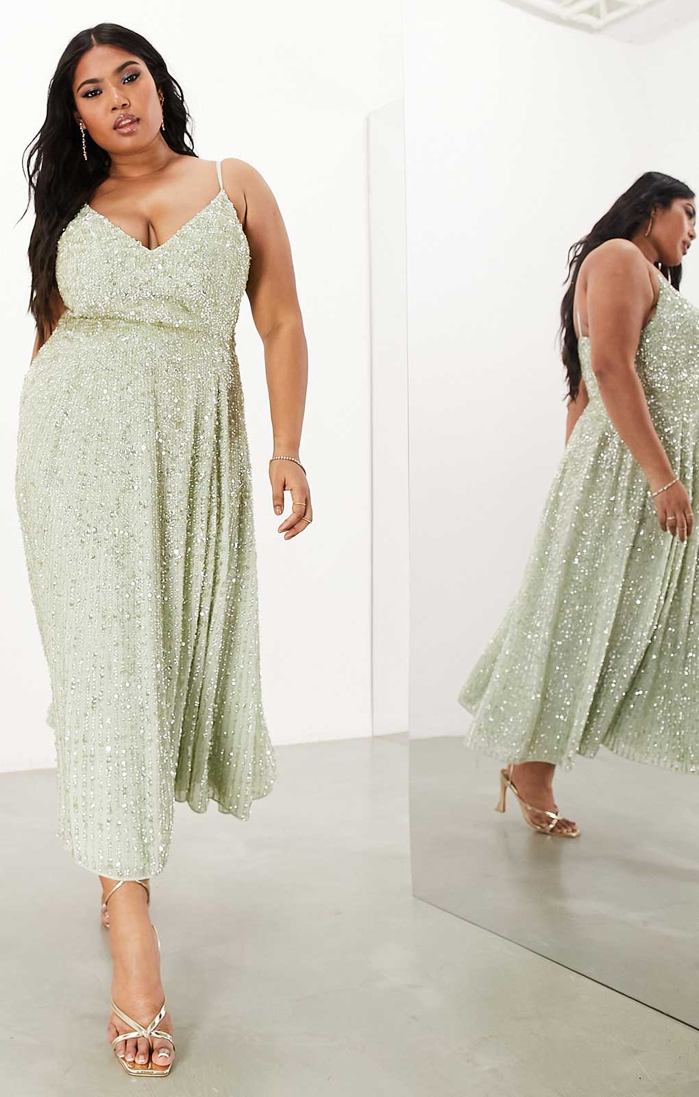 Rent Asos Edition Curve Embellished Cami Midi Dress In Sage Green ...