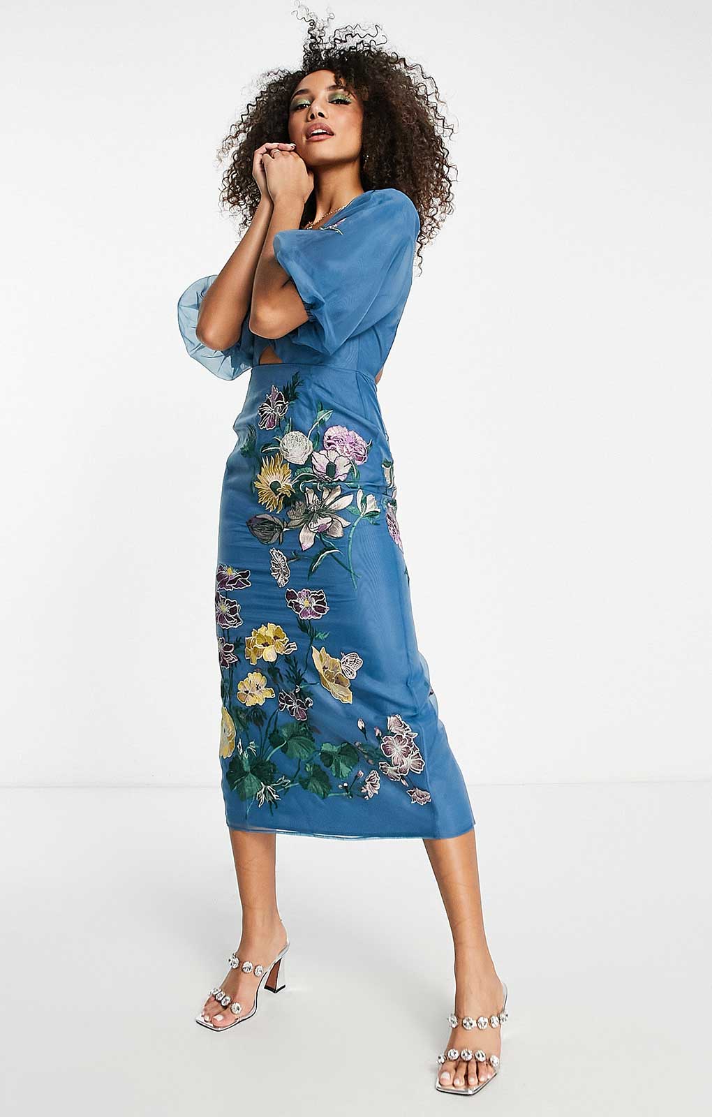 Rent Asos Edition Floral Embroidered Organza Midi Dress In Steel Blue