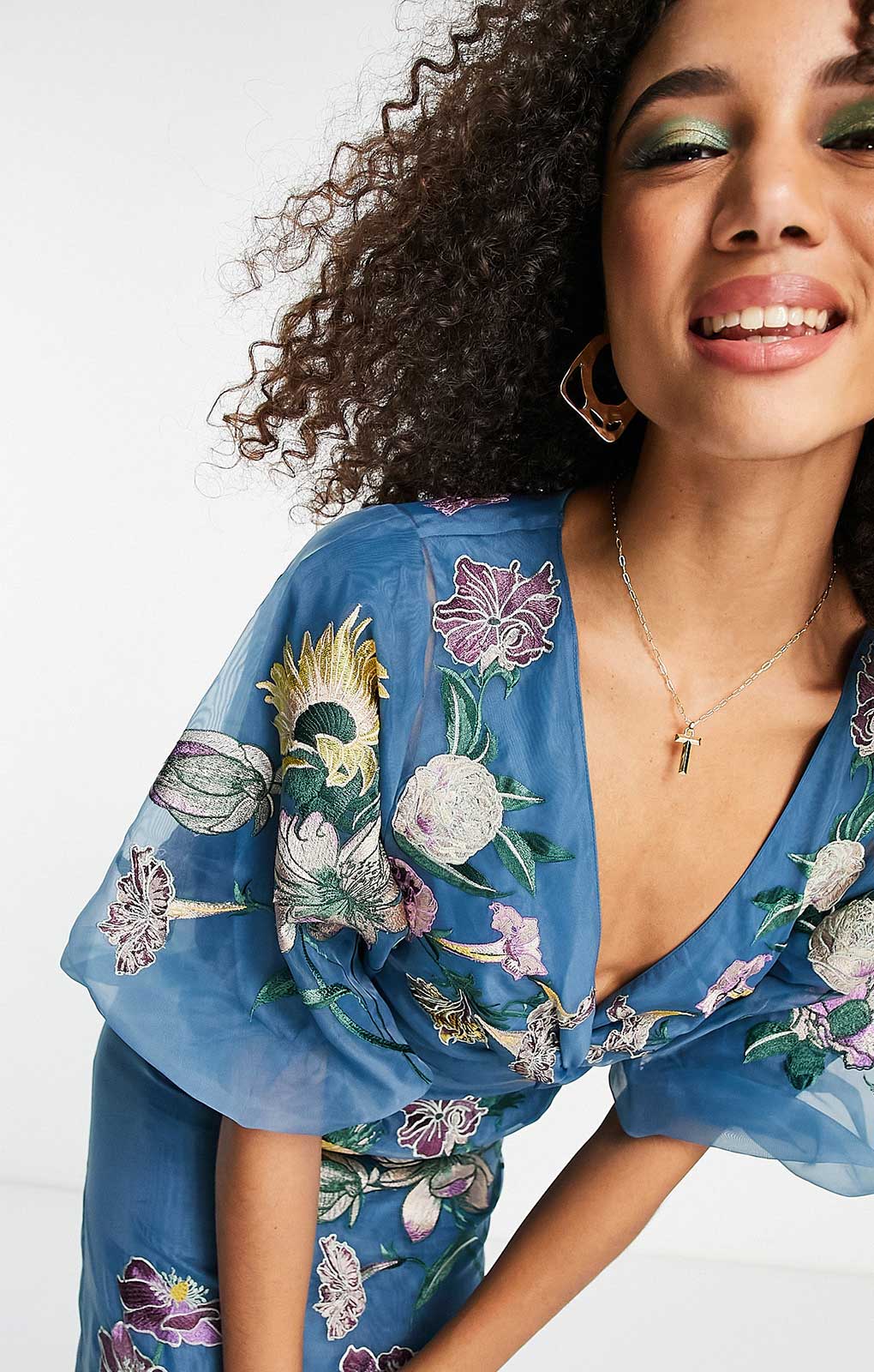 Rent Asos Edition Floral Embroidered Organza Midi Dress In Steel Blue