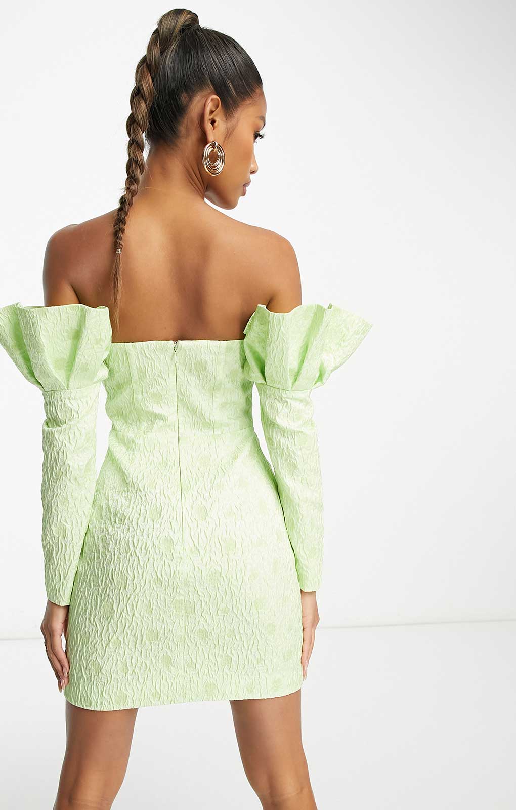 Rent Asos Luxe Jacquard Bardot Fan Top Long Sleeve Mini Dress In Green ...