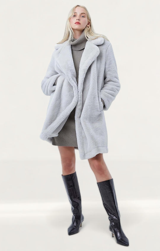 Rent French Connection Stone Grey Banna Faux Fur Long Coat | Hirestreet
