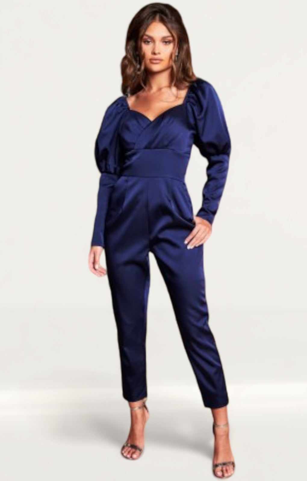 Rent Lavish Alice Midnight Blue Puff Sleeve Satin Jumpsuit | Hirestreet