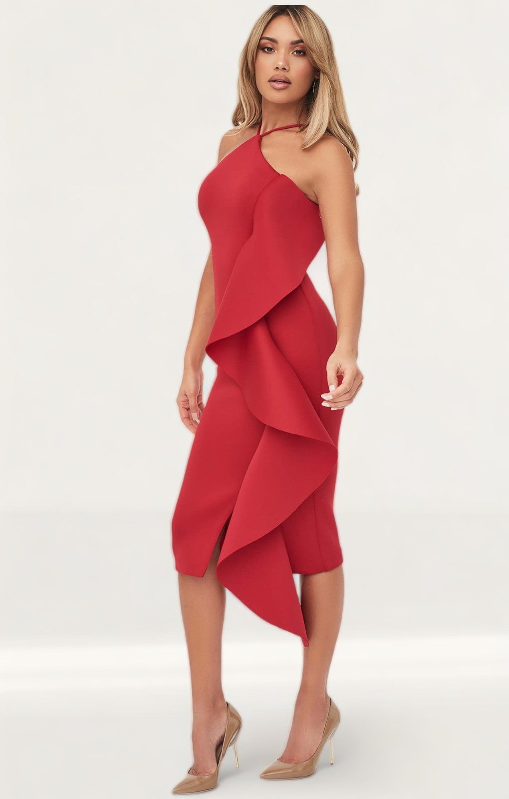 Rent Lavish Alice Strappy Ruffle Scuba Crimson Midi | Hirestreet