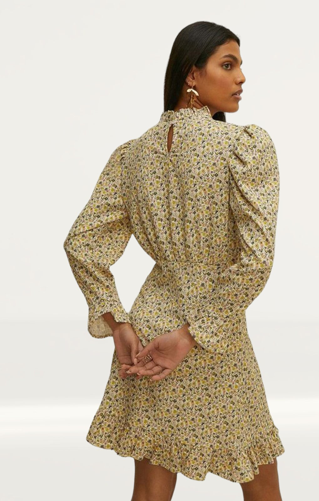 Rent Oasis Floral Frill Neck Puff Sleeve Crinkle Dress | Hirestreet