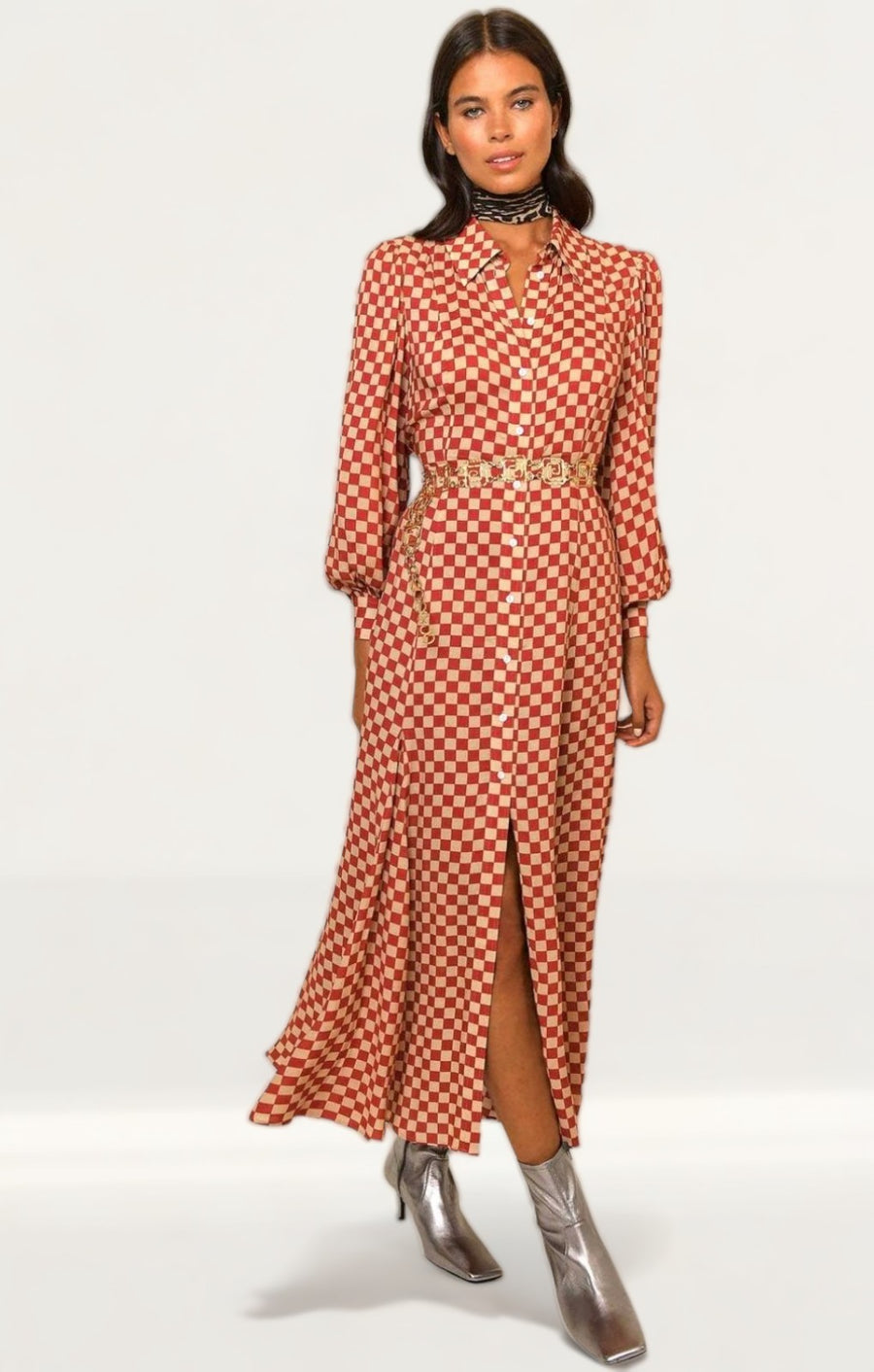 Rent Rixo Chilli Checkerboard Maddison Midi Dress | Hirestreet